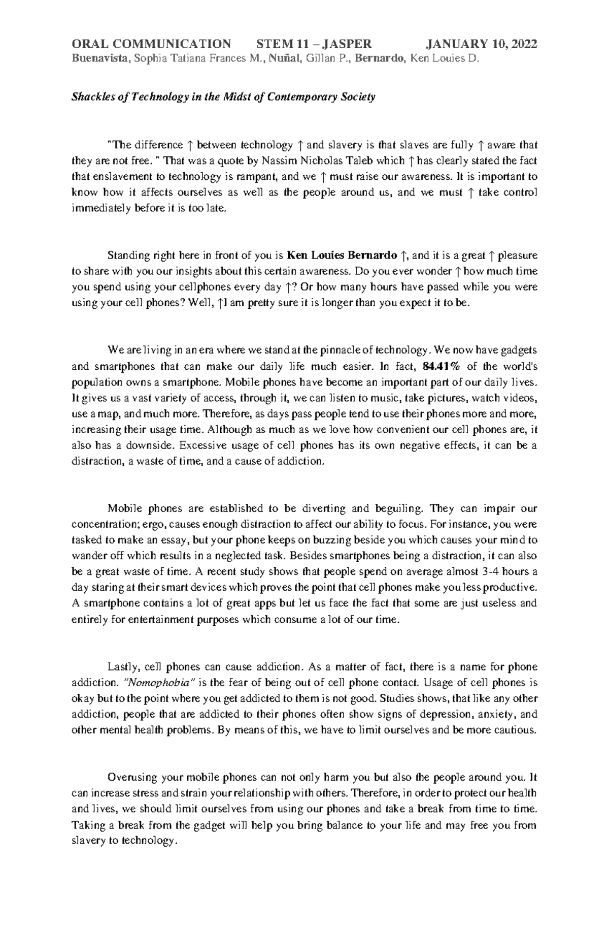 ORAL COMM Speech Jasper - ORAL COMMUNICATION STEM 11 – JASPER JANUARY ...