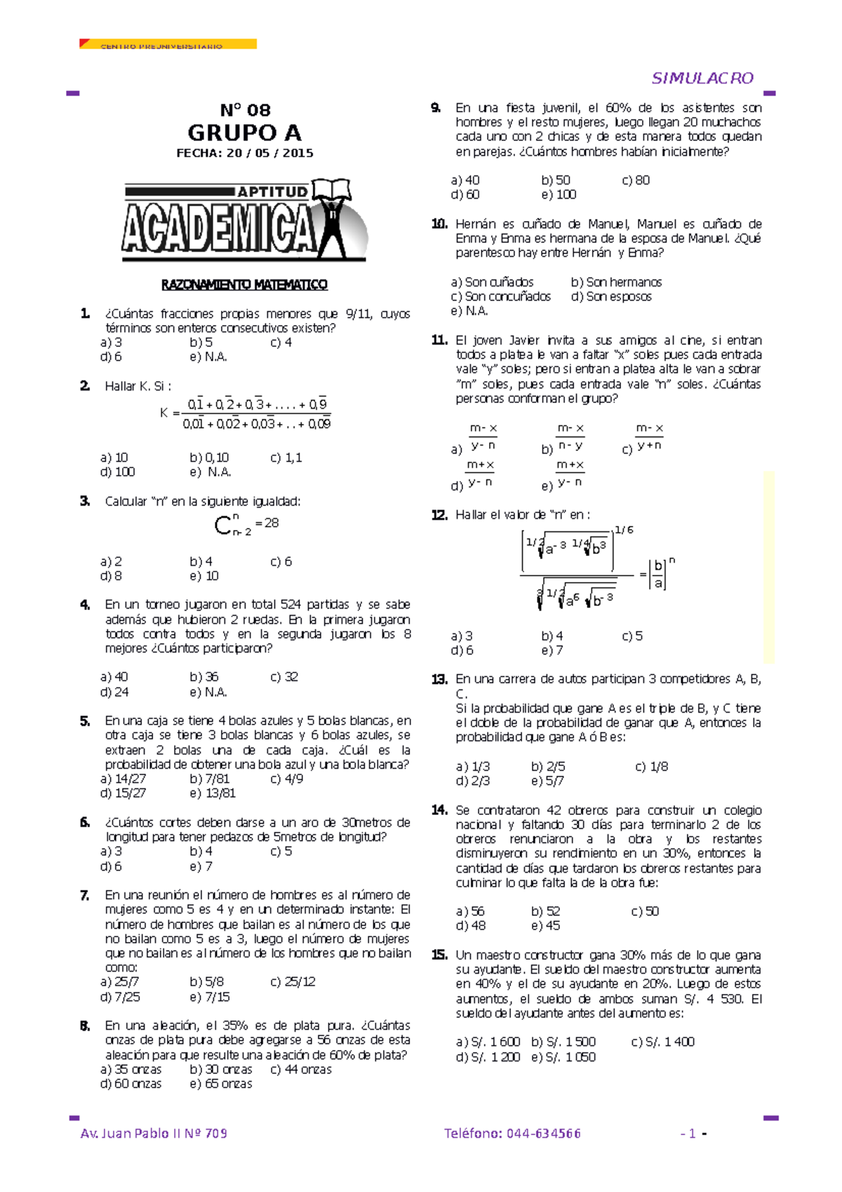 Simulacro A - 08 - Hgyjj - N° 08 GRUPO A FECHA: 20 / 05 / 2015 ...