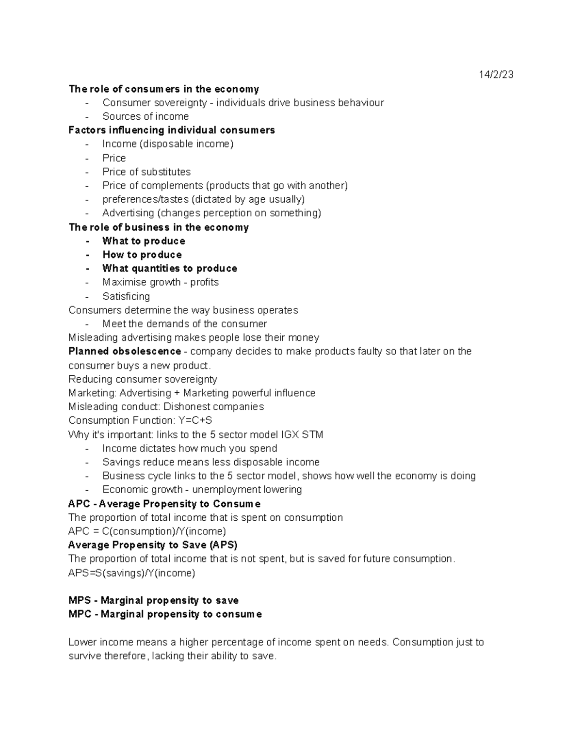 Topic 2 Economics - 14/2/ The role of consumers in the economy ...