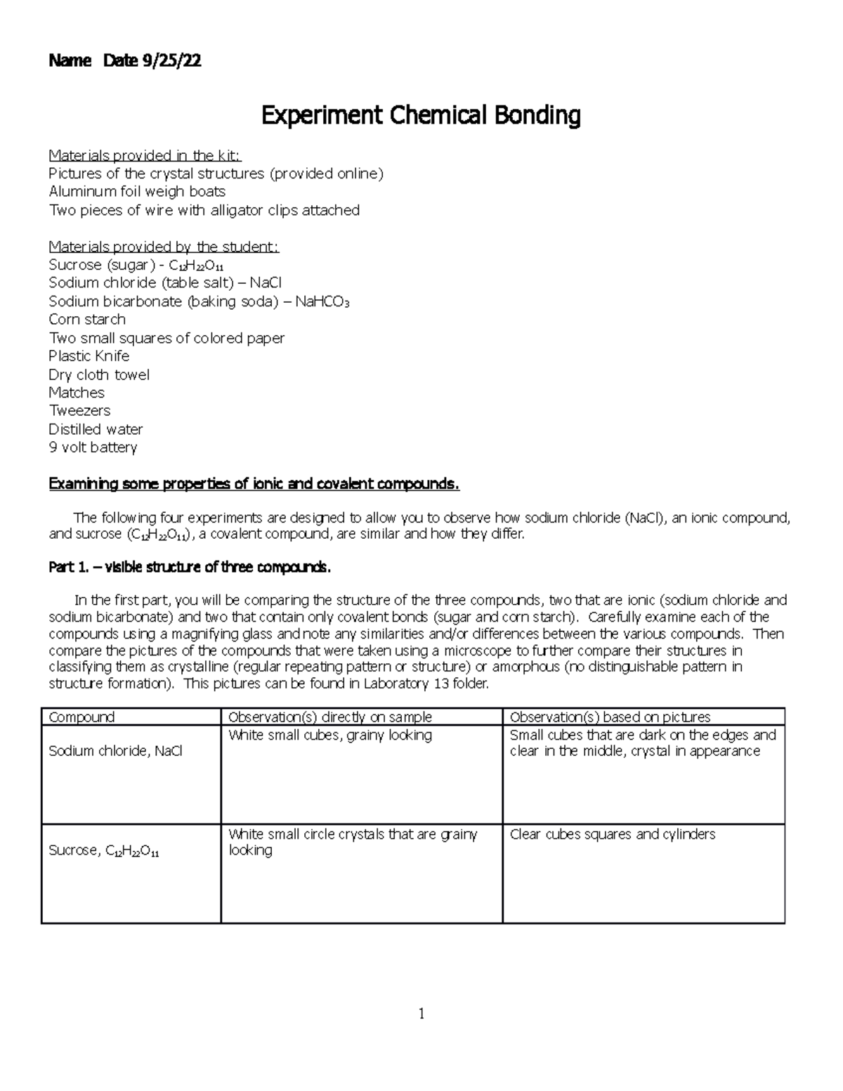 Experiment - Chemical Bonding - Experiment Chemical Bonding Materials ...