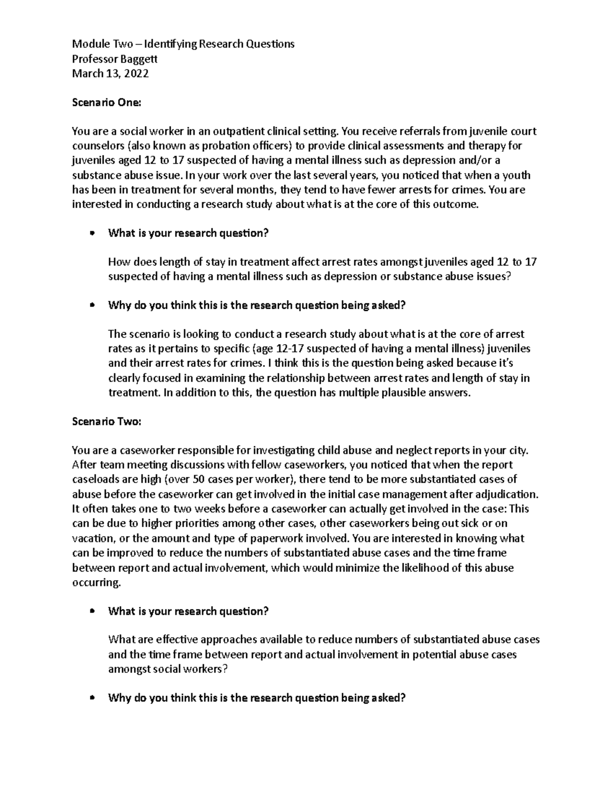 Scenario One - Module Two – Identifying Research Questions Professor ...