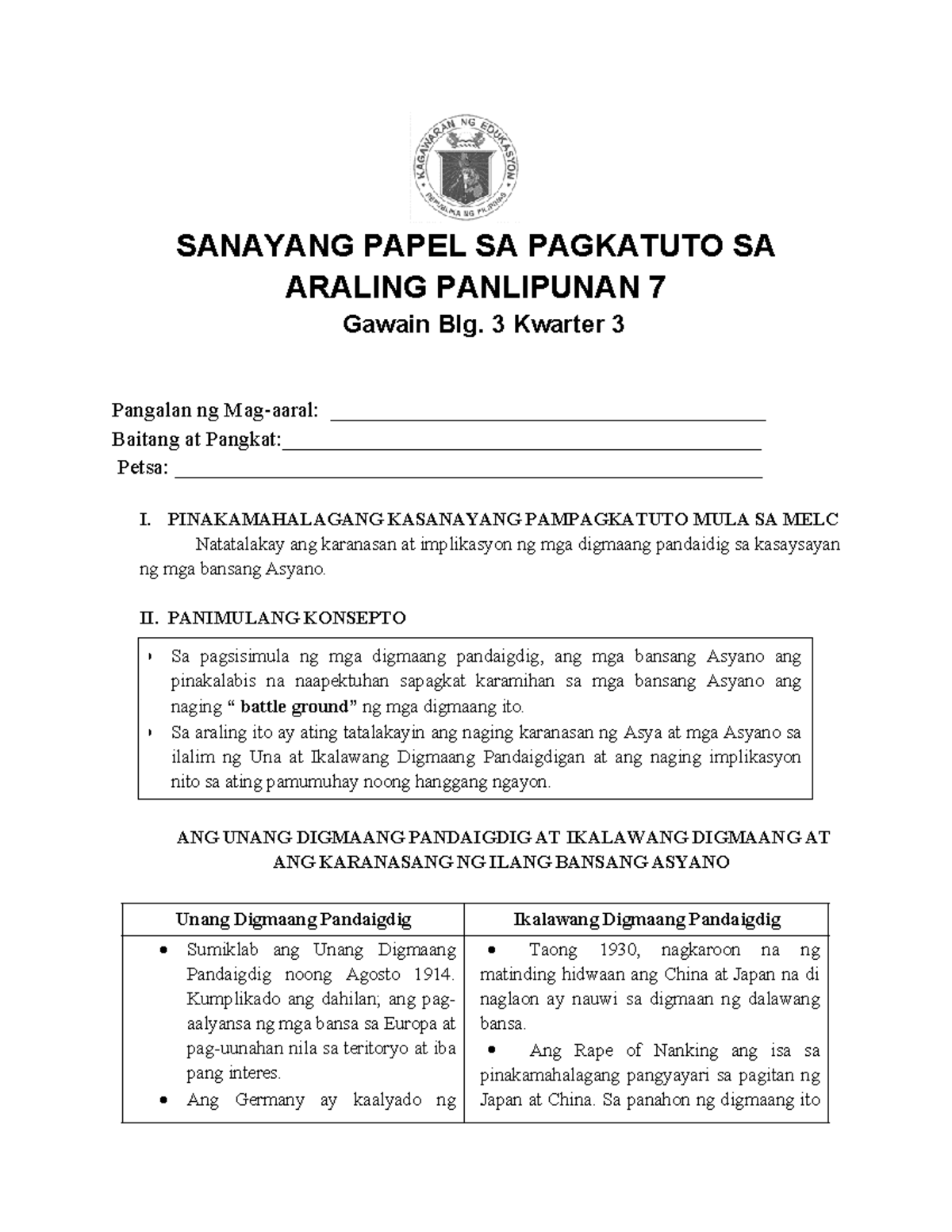 LAS G7 Q3 G3 - activity sheets from deped - Sa pagsisimula ng mga ...