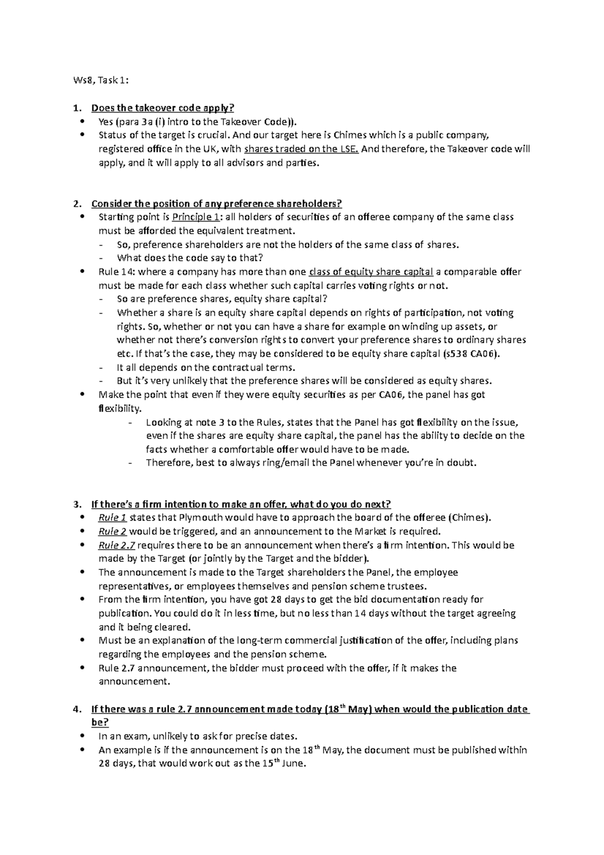 Ws8, Task 1 - Ws8, Task 1 - Ws8, Task 1: 1. Does the takeover code apply? Yes (para 3a (i) intro ...