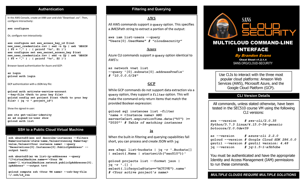 SANS Multicloud cheatsheet V1.2 - Use CLIs to interact with the three ...