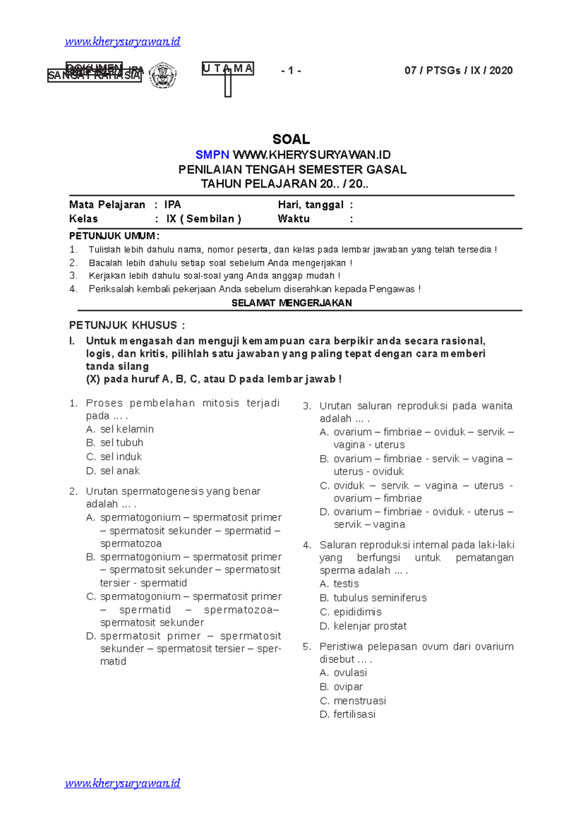 2- Soal PTS IPA Kelas IX K13 s Sem. 1 - www - U T A M A SANGAT RAHASIA DOKUMEN kherysuryawan ...