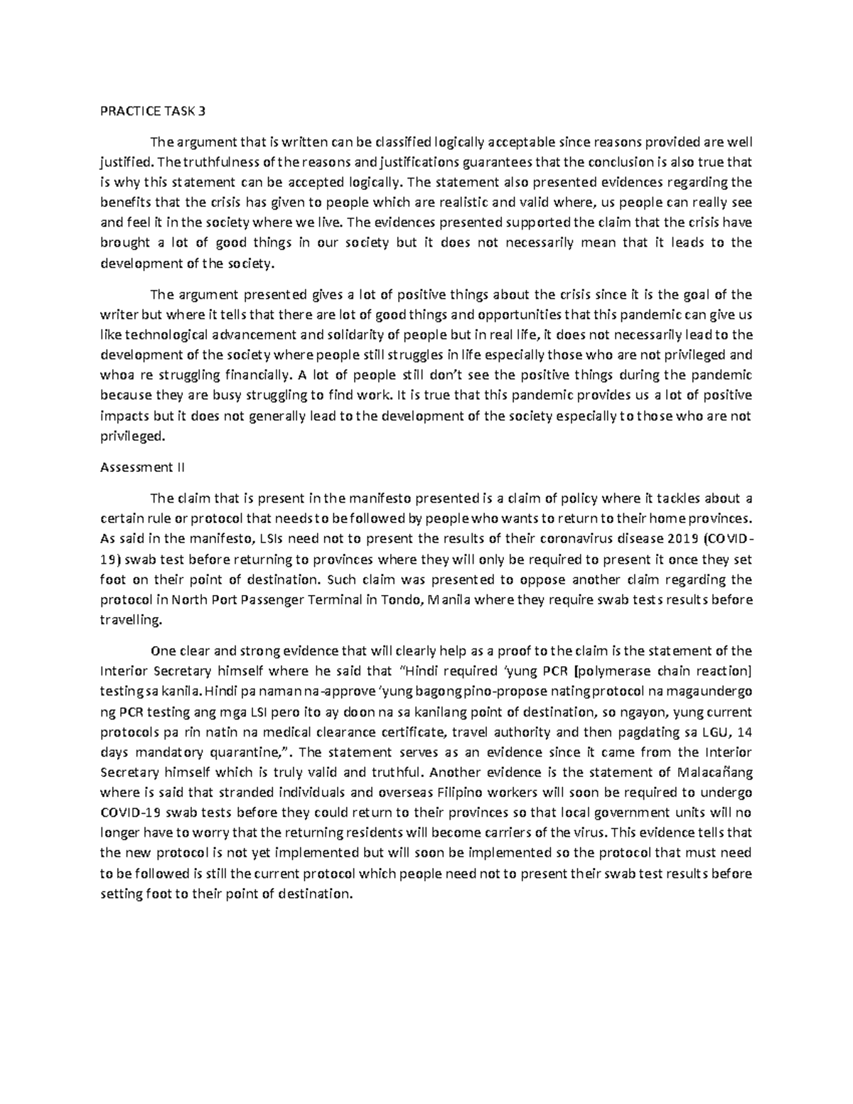 WEEK 1 - Argumentative essay - PRACTICE TASK 3 The argument that is ...