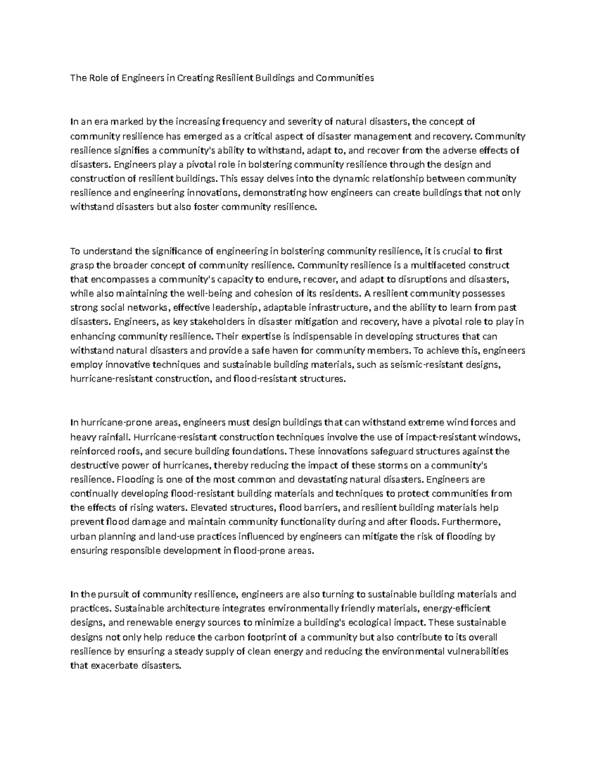 reflection essay example - The Role of Engineers in Creating Resilient ...