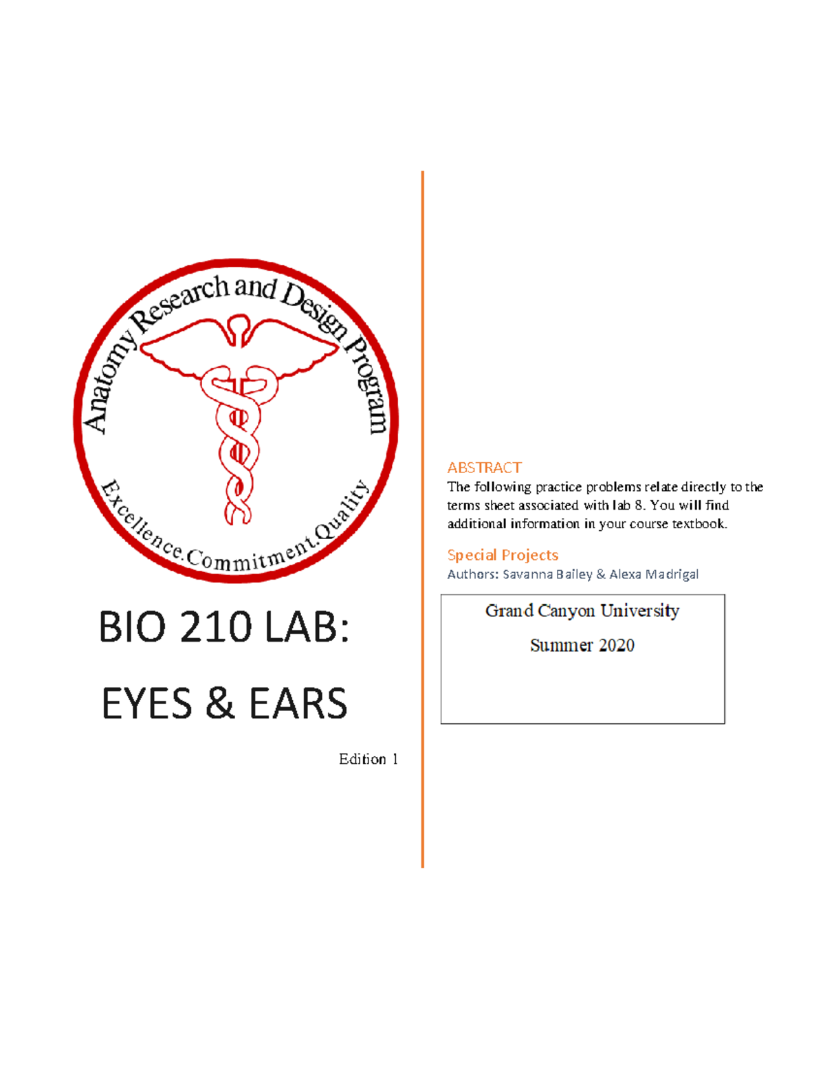 BIO-210L Lab 8 - Eyes and Ears Workbook 1 - BIO 210 LAB: EYES & EARS ...