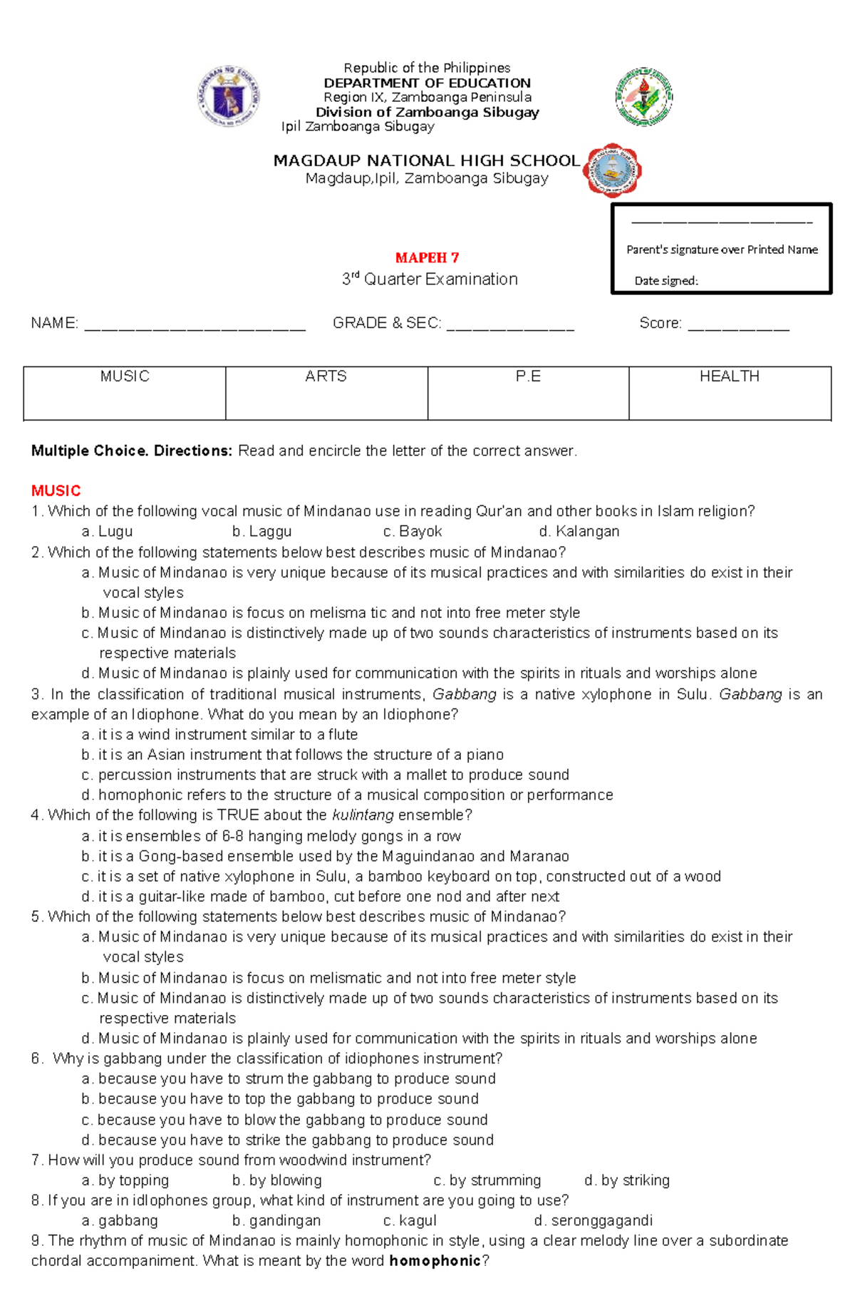 Mapeh 7 3rd Grading docx - Republic of the Philippines DEPARTMENT OF ...
