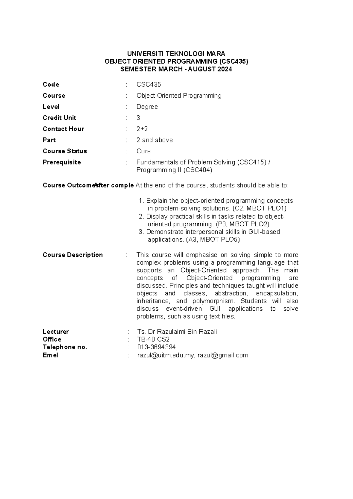 Scheme of Work CSC435 Mac-Ogos2024 - UNIVERSITI TEKNOLOGI MARA OBJECT ...