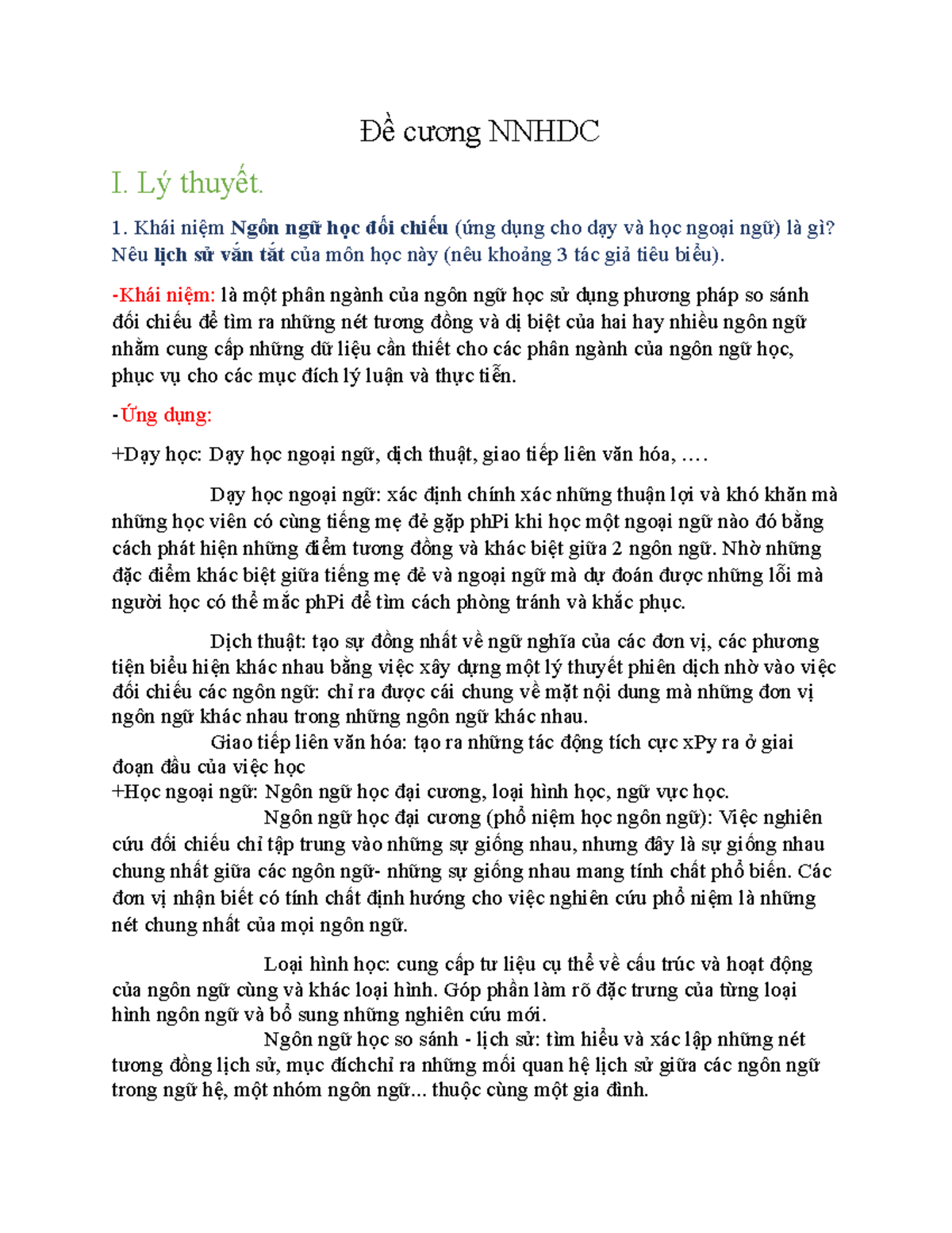 Lồn - no jehshshshshe - Đề cương NNHDC I. Lý thuyết. Khái niệm Ngôn ngữ học đối chiếu (ứng dụng ...