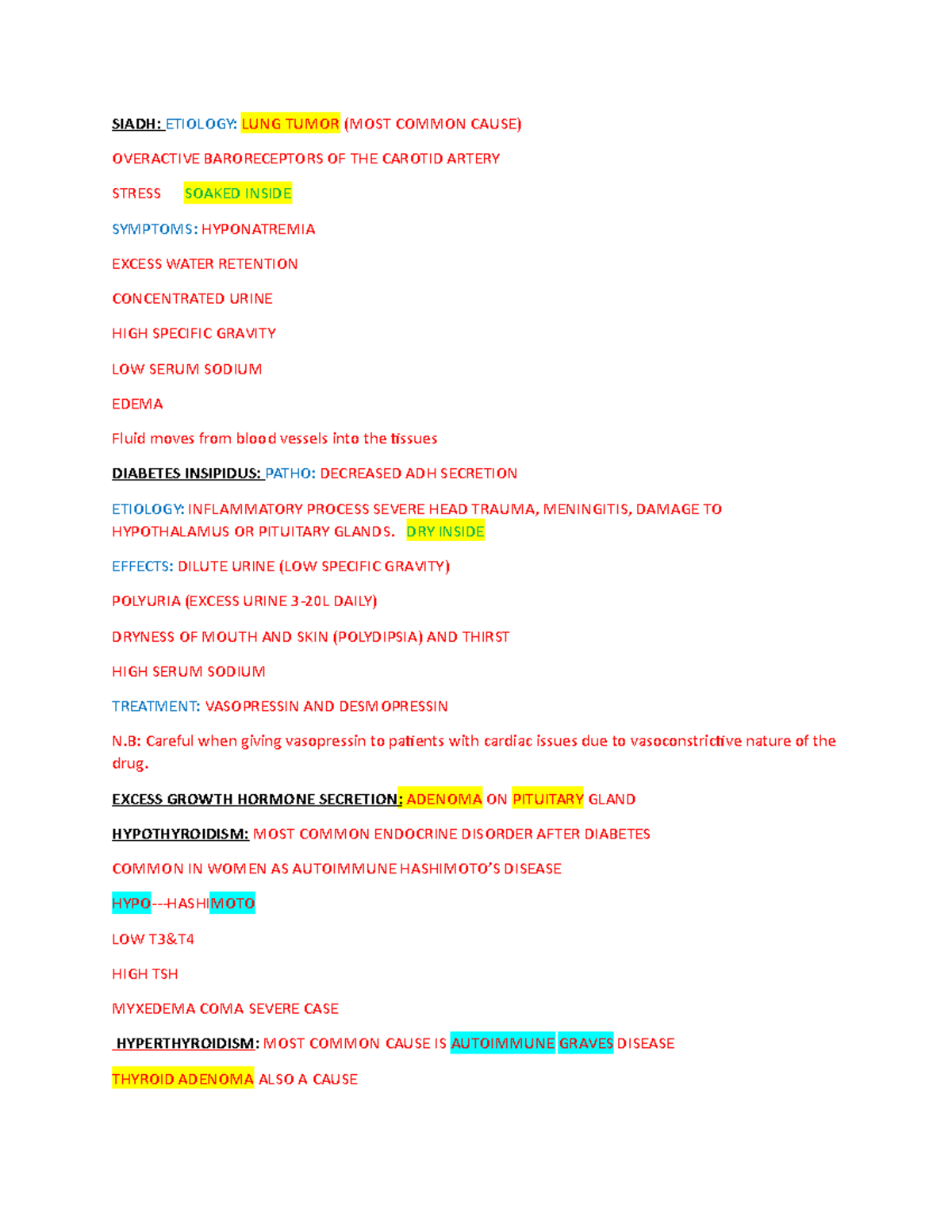 Endocrine disease template summaries - SIADH: ETIOLOGY: LUNG TUMOR ...