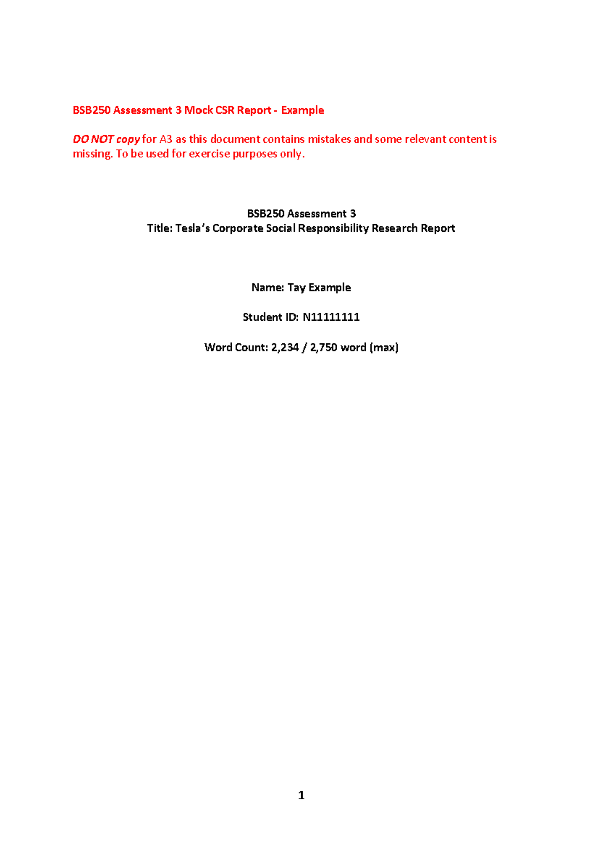 A3 Mock CSR Report - To be used for exercise purposes only. BSB250 ...