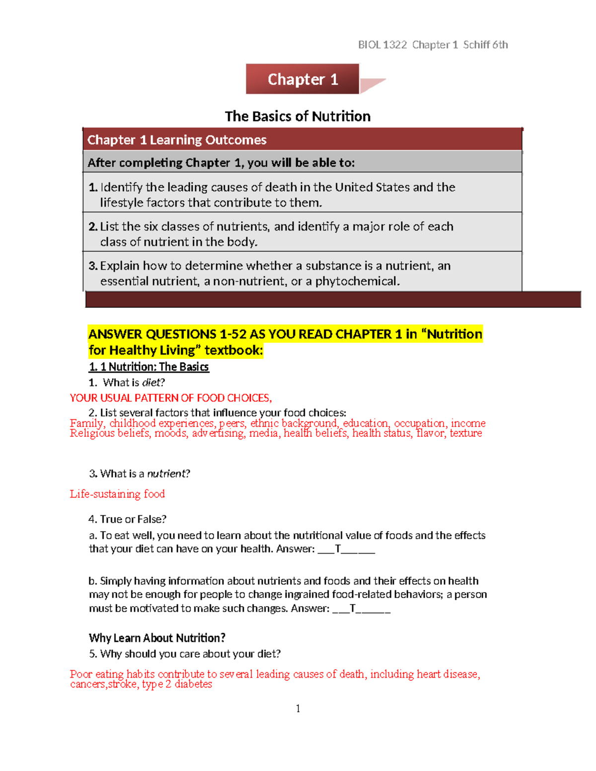Chapter 1 my answers Basic Nutri Quest Schiff 6ed - Chapter 1 The ...