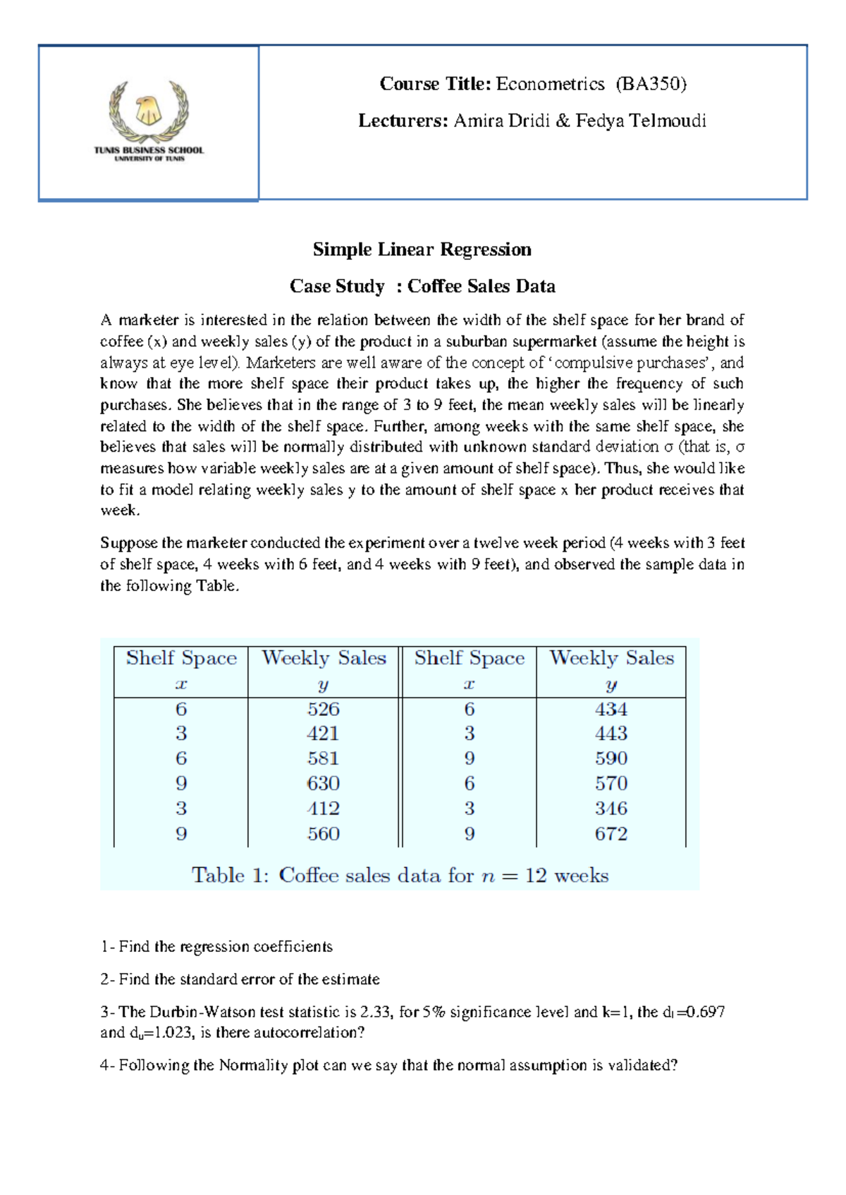 Stat - assignment - Simple Linear Regression Case Study : Coffee Sales Data A marketer is ...