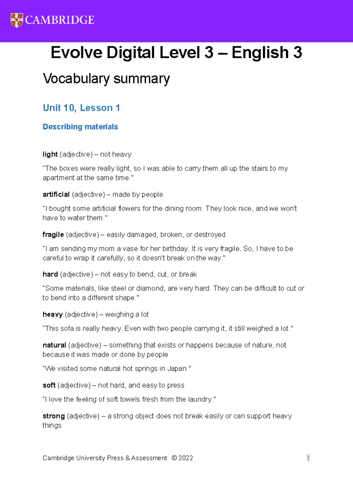 Unit 10 - E3 - Vocabulary - Evolve Digital Level 3 – English 3 ...