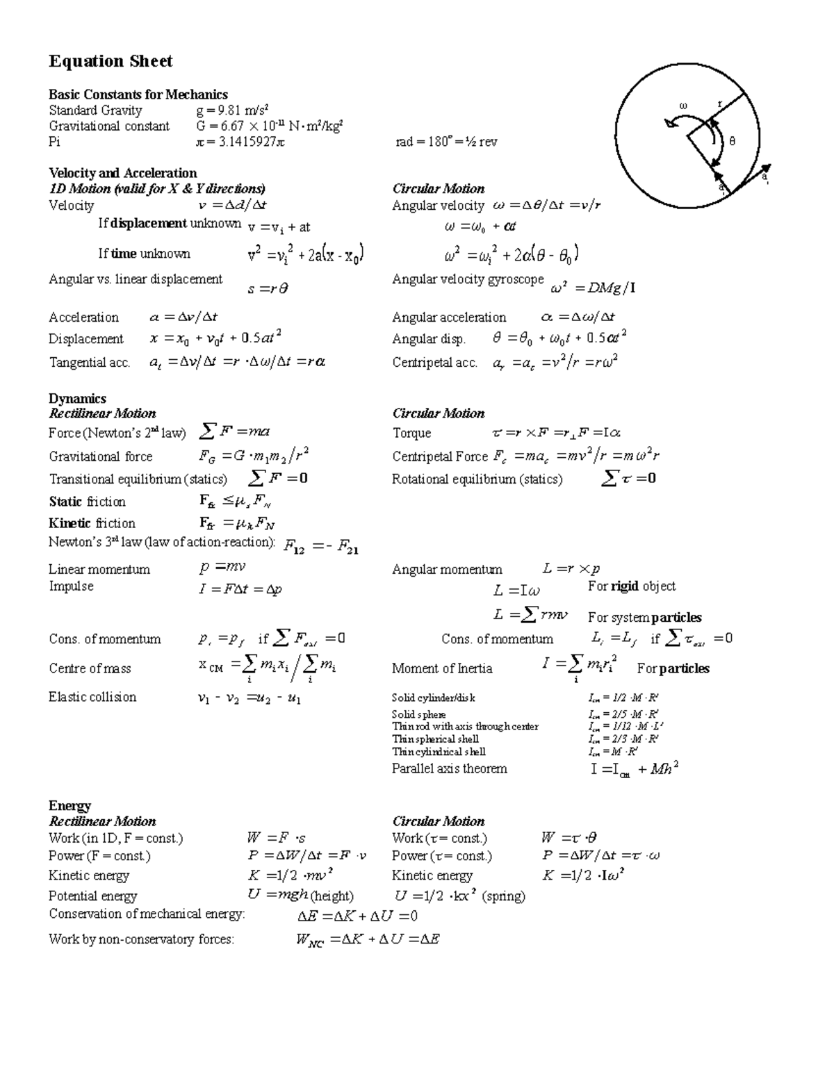 Phys 131 Equation Sheet - Equation Sheet Basic Constants for Mechanics ...