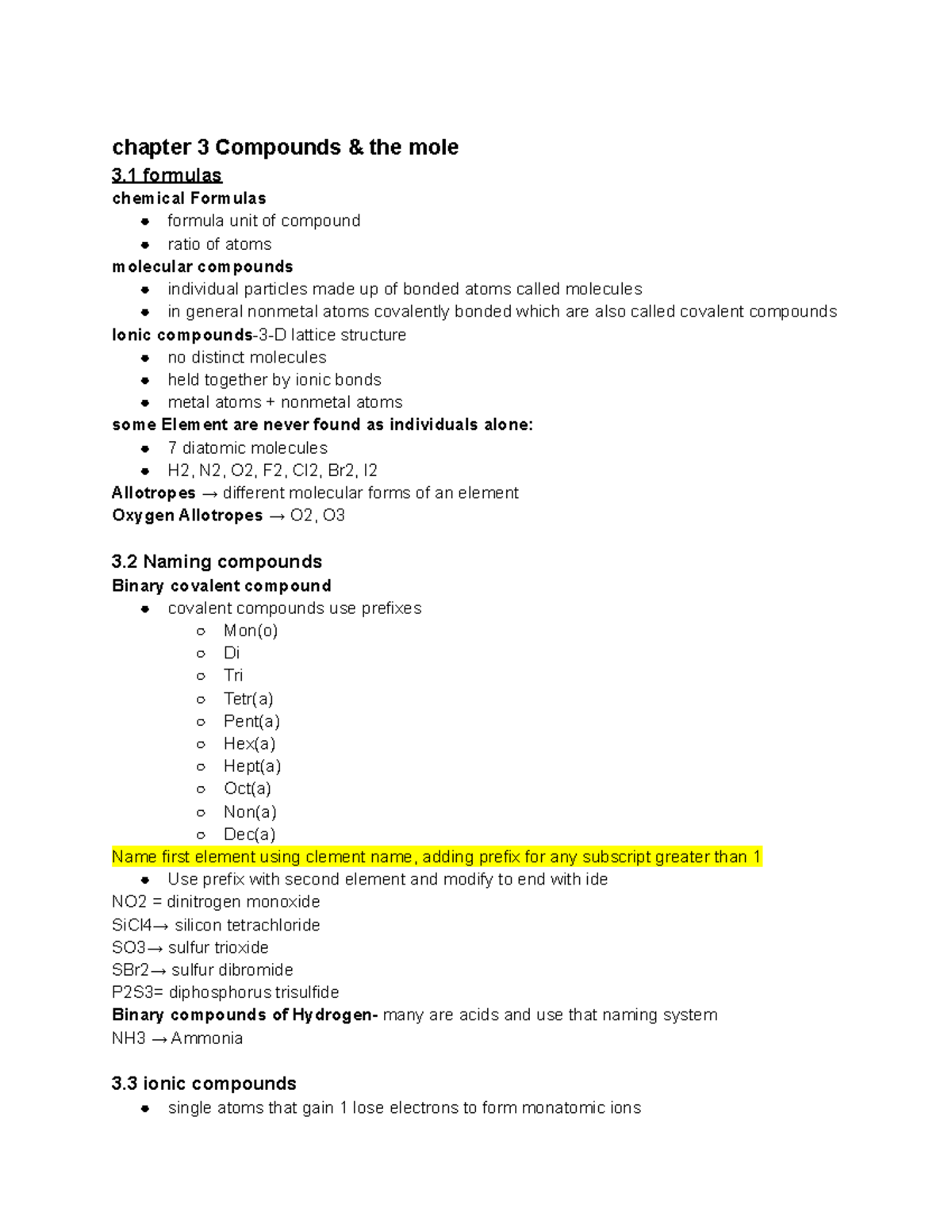 Chemistry Chapter 3 notes - chapter 3 Compounds & the mole 3 formulas ...