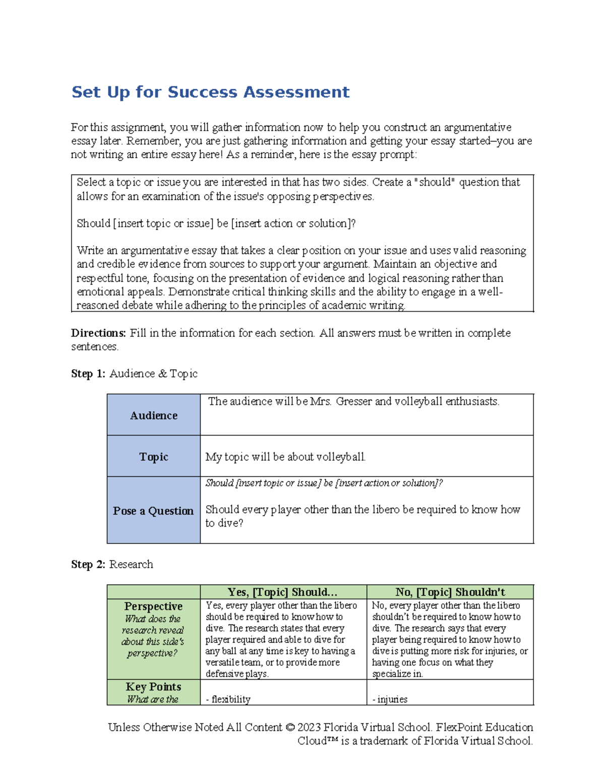 5.2 set up for success assess - Set Up for Success Assessment For this ...