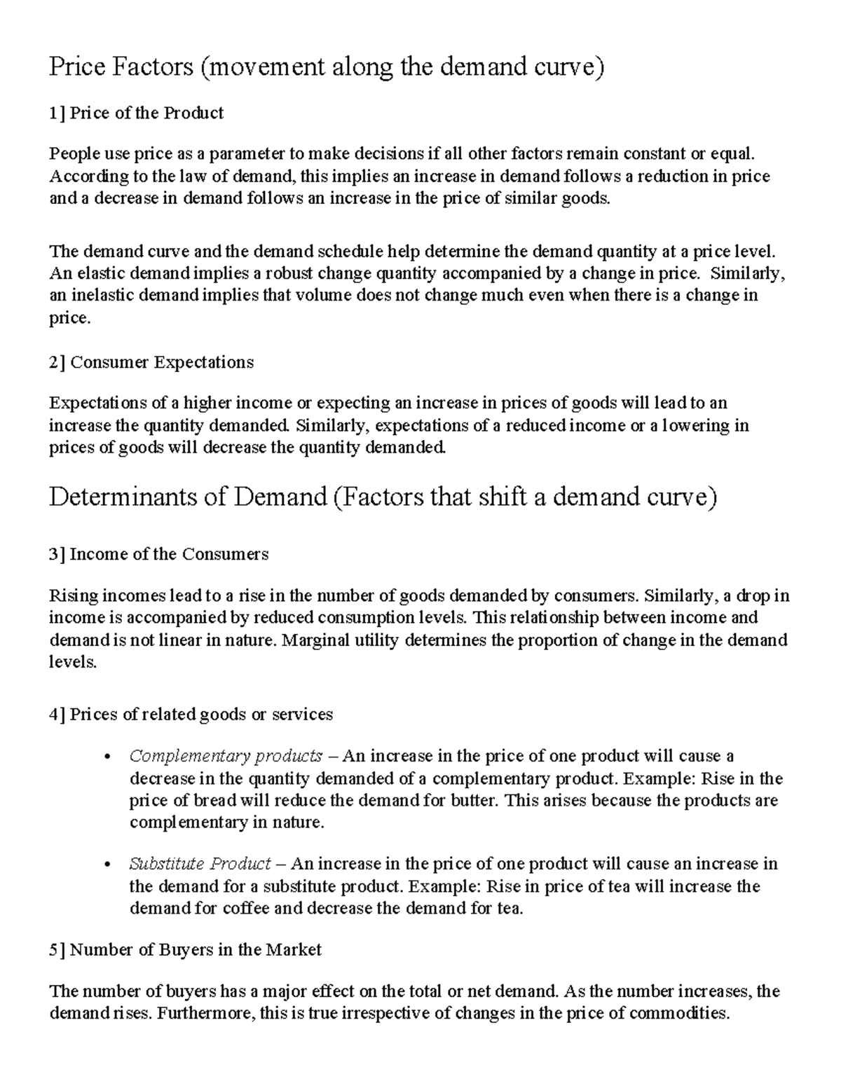 Determinants of Demand Notes - Price Factors (movement along the demand ...
