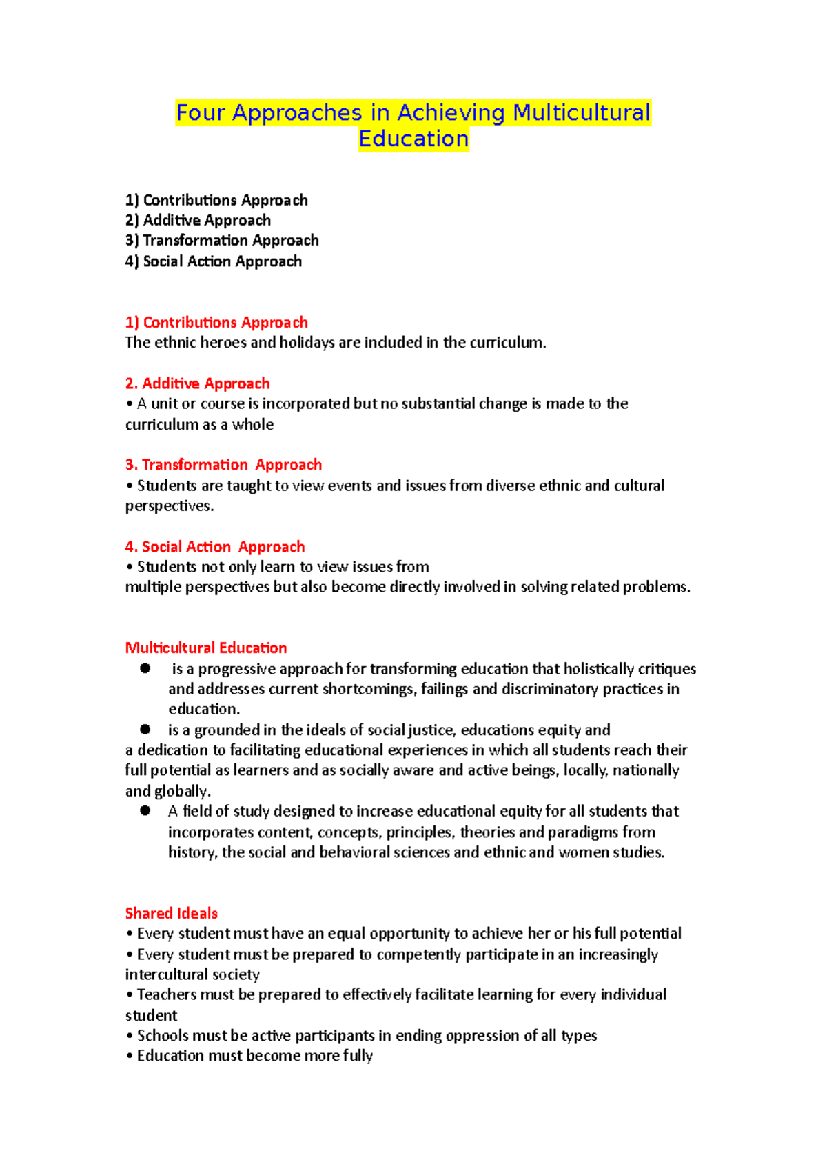 Four Approaches in Achieving Multicultural Education - Four Approaches ...