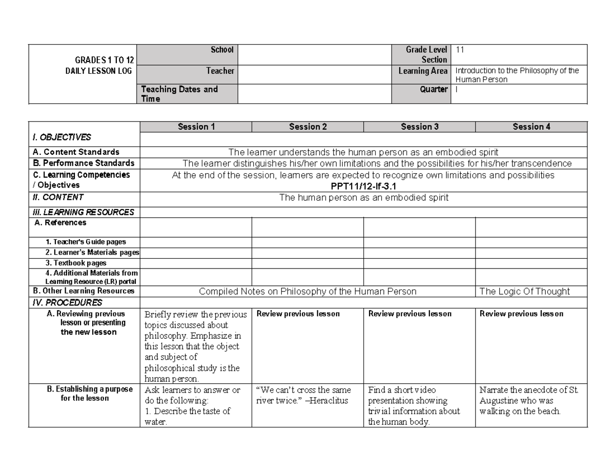 Dll week 6 philo - daily lesson log for shs - GRADES 1 TO 12 DAILY LESSON LOG School Grade Level ...