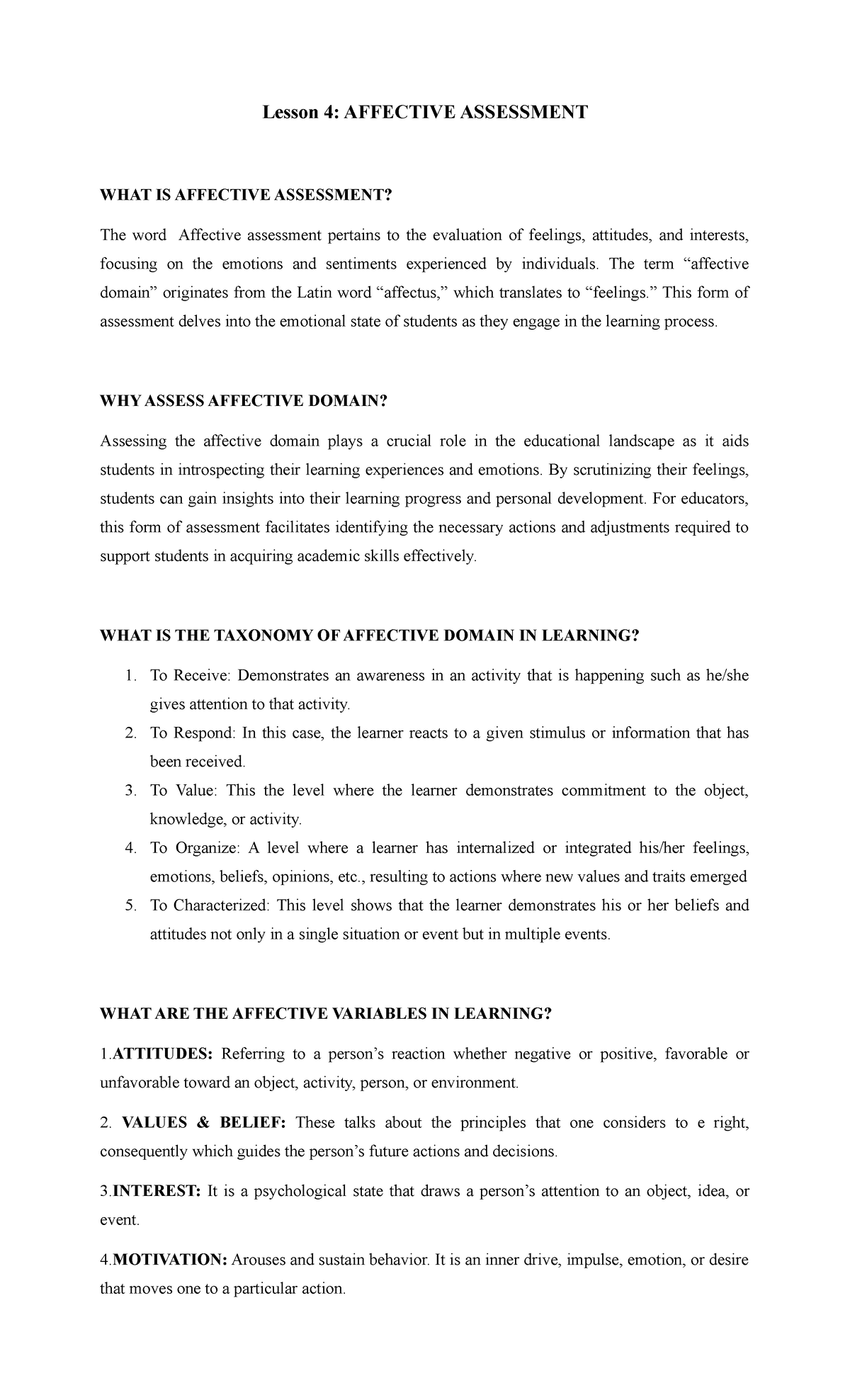 4 - Assessment 1 - Lesson 4: AFFECTIVE ASSESSMENT WHAT IS AFFECTIVE ...