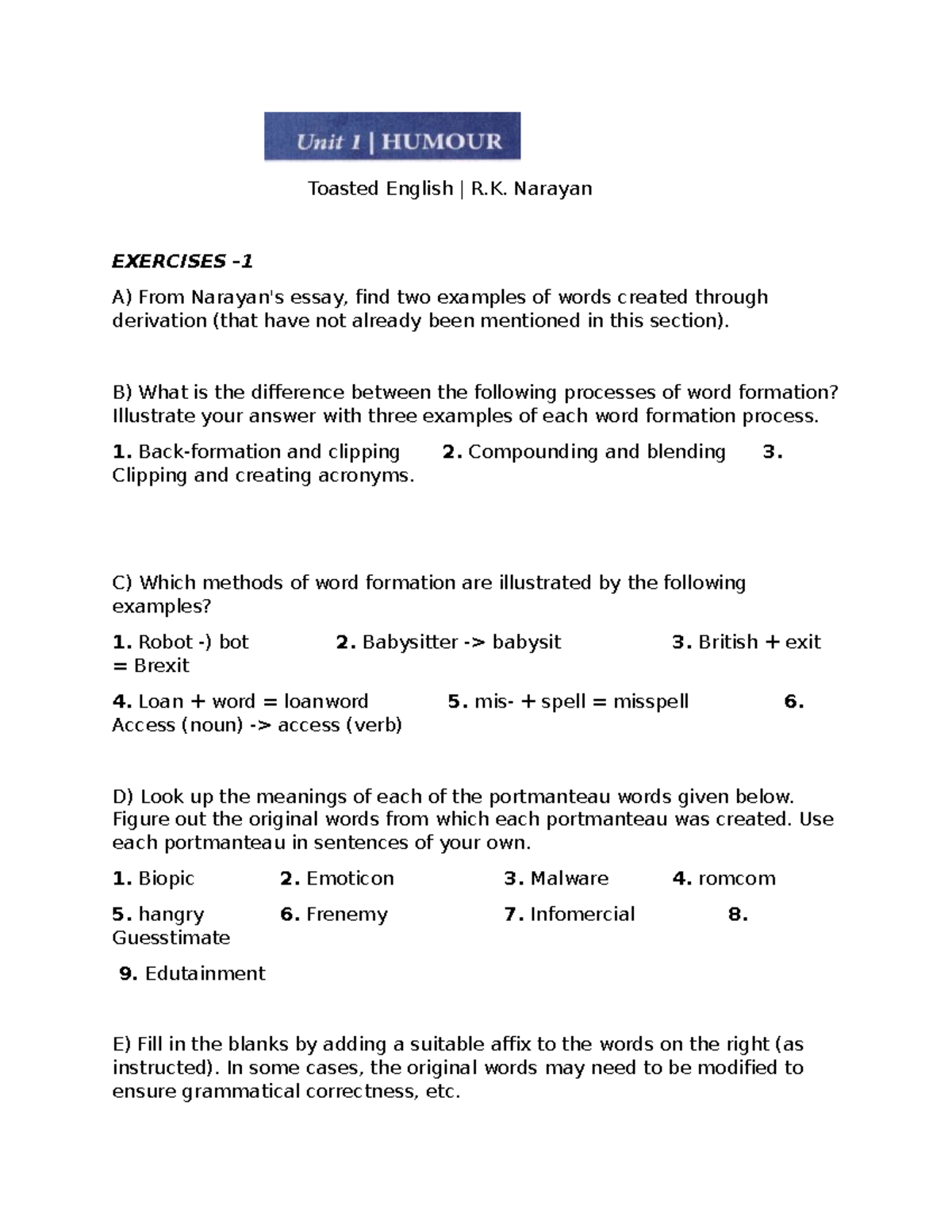 Twin-1 - CSE - Toasted English | R. Narayan EXERCISES - A) From Narayan ...