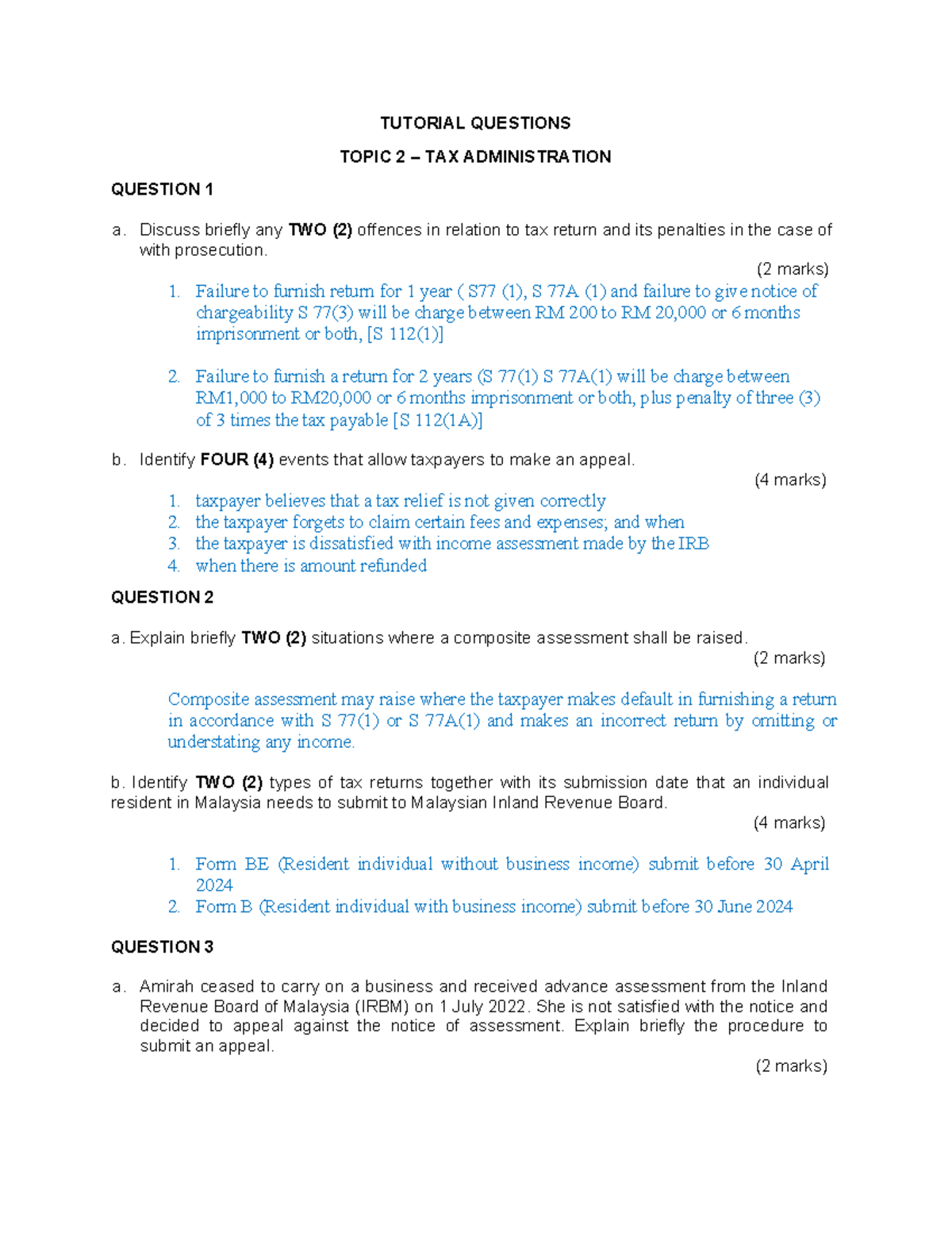 Tutorial Chapter 2 - Tax Administration - TUTORIAL QUESTIONS TOPIC 2 ...
