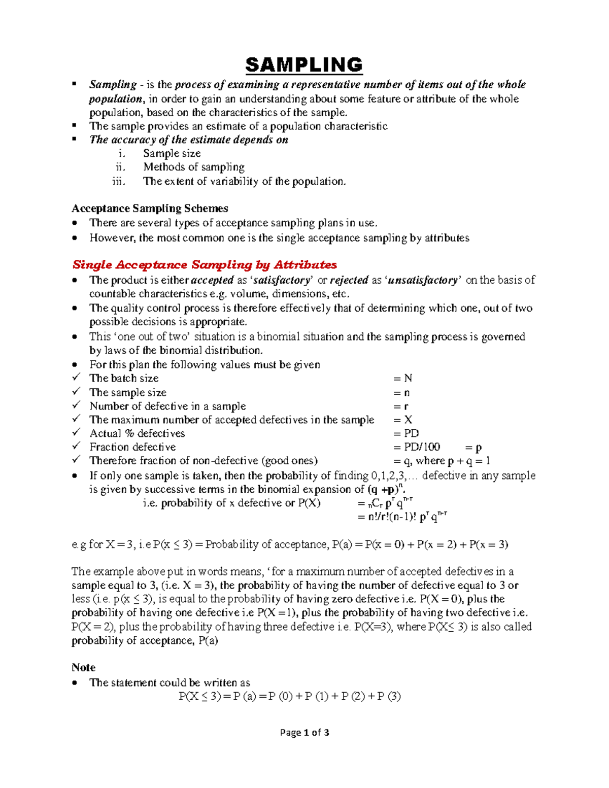 Topic 7 - Part 3 - Sampling - Page 1 of 3 SAMPLING Sampling - is the ...