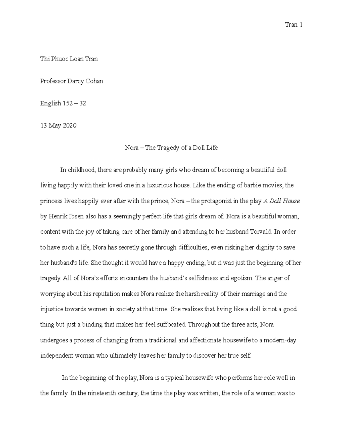 Essay 3 A Doll House by Henrik Ibsen - Thi Phuoc Loan Tran Professor ...