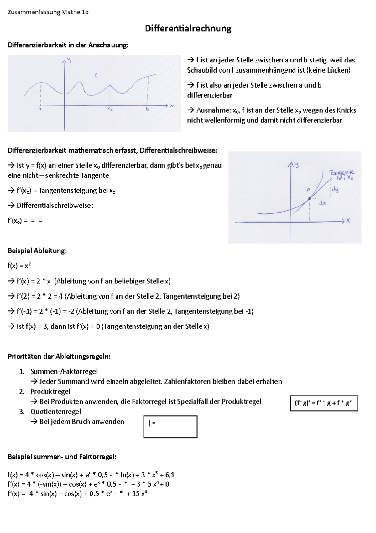 Zusammenfassung Differentialrechnung - Zusammenfassung Mathe 1b ...