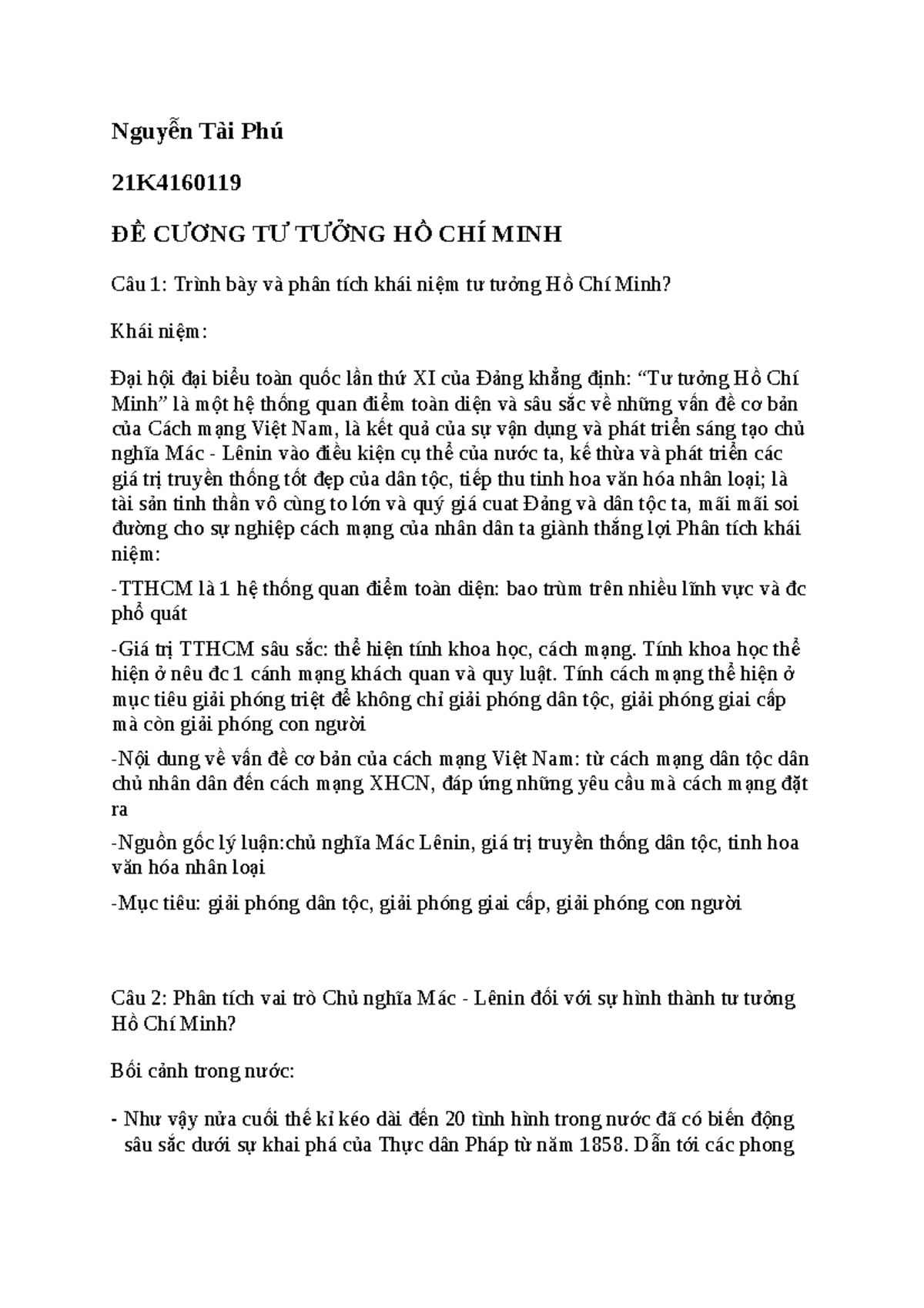 đề-cương - Ngon - Nguy n Tai Phuê 21K Đ Ề C ƯƠNG T Ư T ƯỞNG H ỒCHÍ MINH Câu 1: Trình bày và phân ...