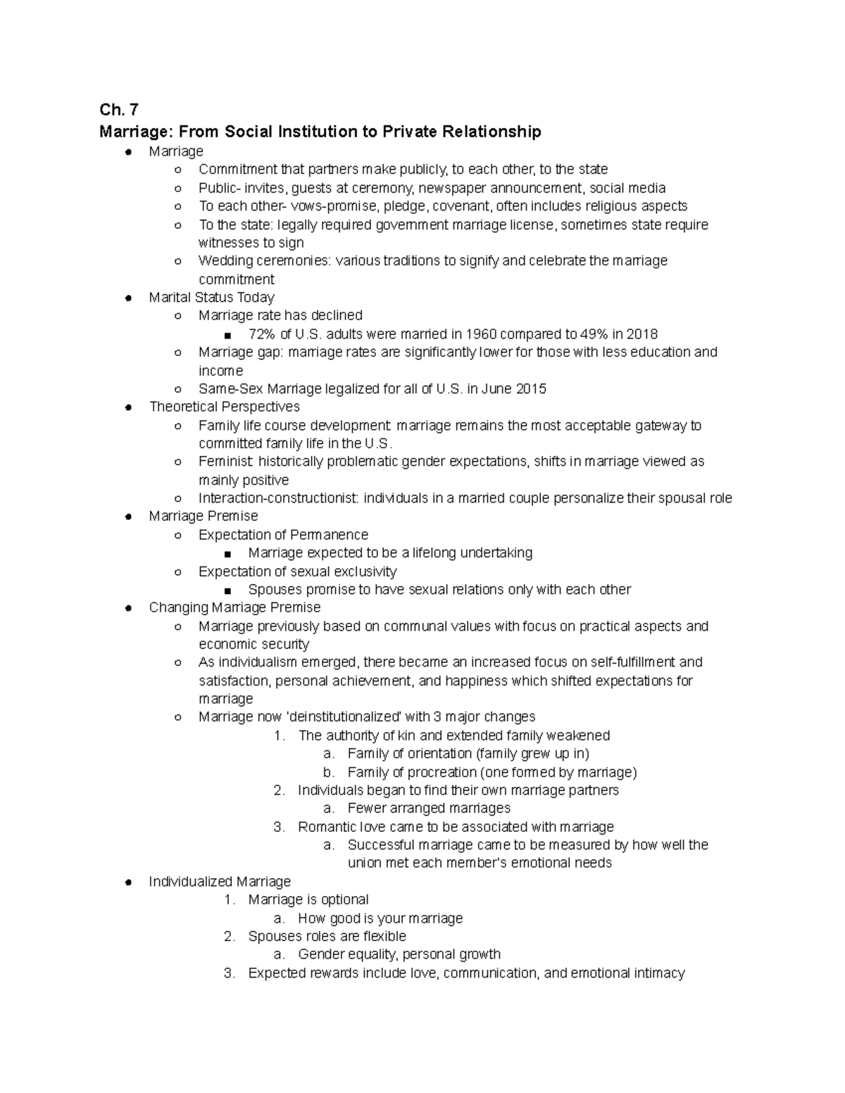 Chapter 7 - Professor Dena Wyum - Ch. 7 Marriage: From Social Institution to Private ...