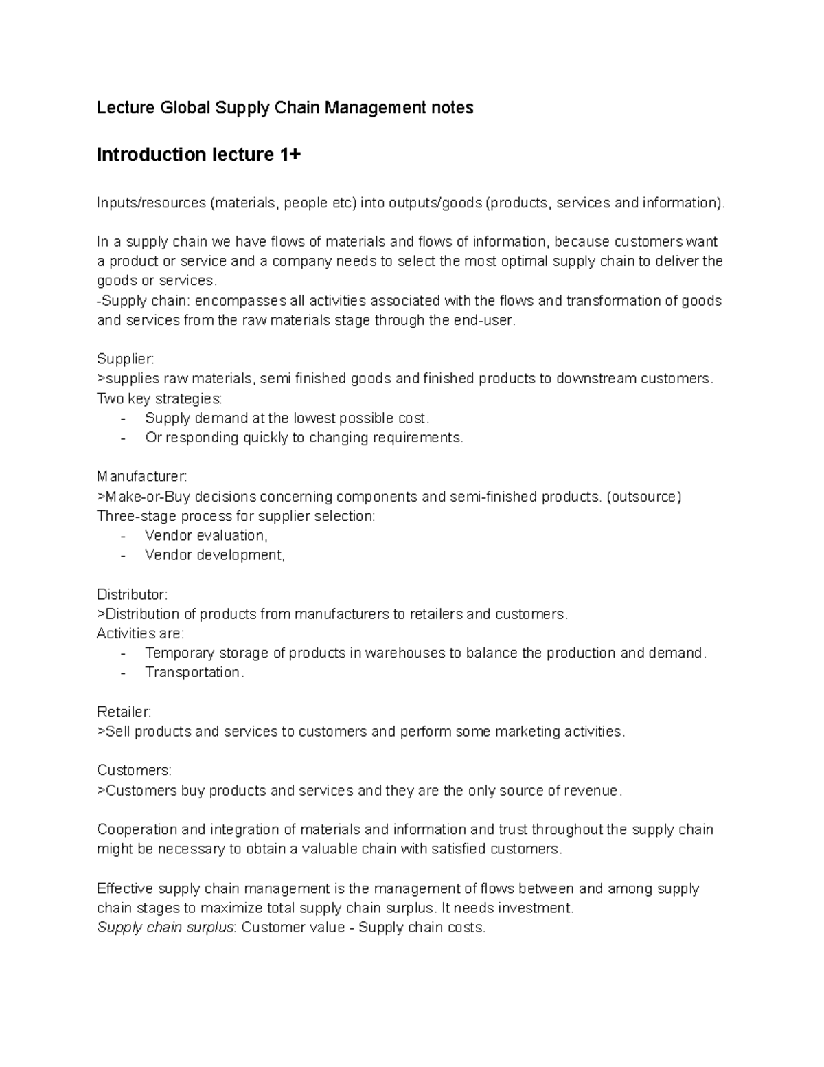 Lecture Global Supply Chain Management notes - Lecture Global Supply ...