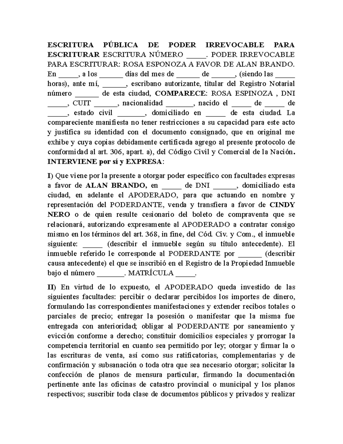 Poder Irrevocable - ESCRITURA PÚBLICA DE PODER IRREVOCABLE PARA ESCRITURAR ESCRITURA NÚMERO ...