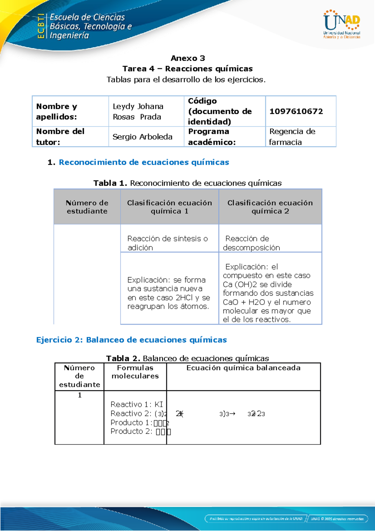Anexo 3 quimica - ... - Anexo 3 Tarea 4 – Reacciones químicas Tablas para el desarrollo de los ...