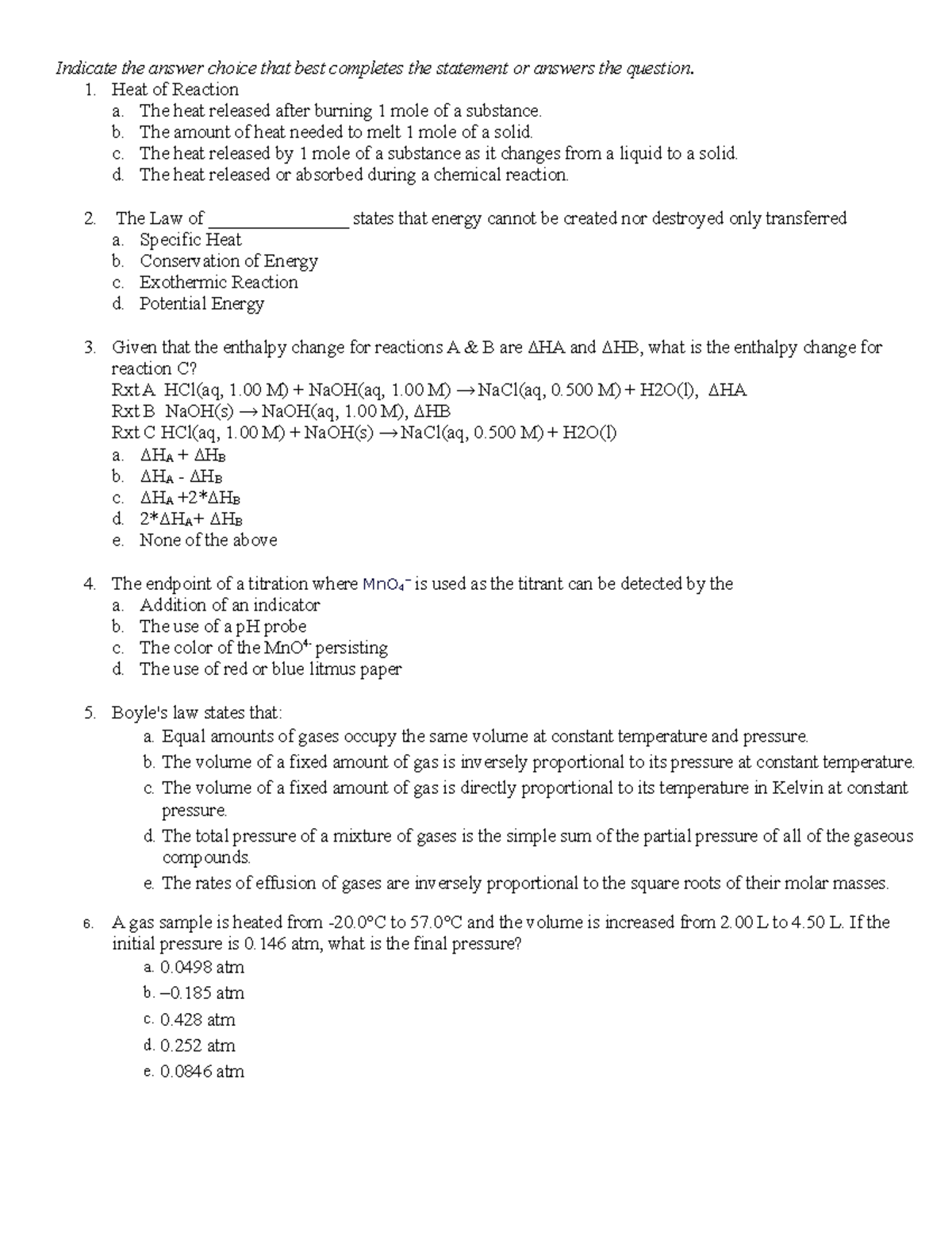 Sample Exam 2 multiple choice questions - Indicate the answer choice ...