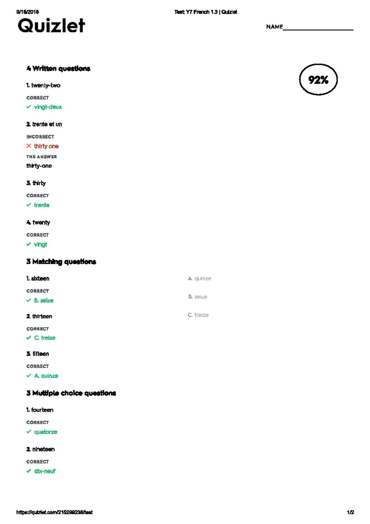 Quiz - ... - 9/18/2018 Test: Y7 French 1 I Quizlet Quizlet NAME 4 ...