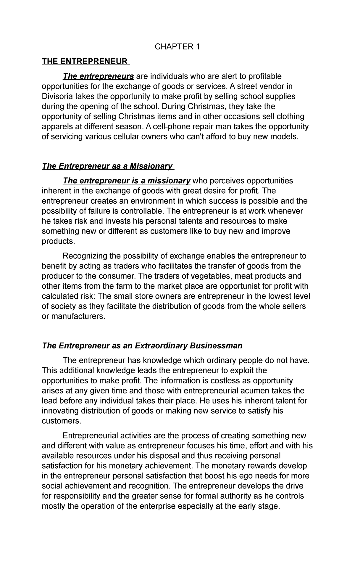 Entrep Reviewer - CHAPTER 1 THE ENTREPRENEUR The entrepreneurs are ...