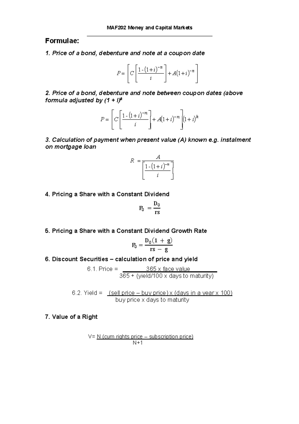Formula sheet 2 - notes - MAF202 Money and Capital Markets - Studocu