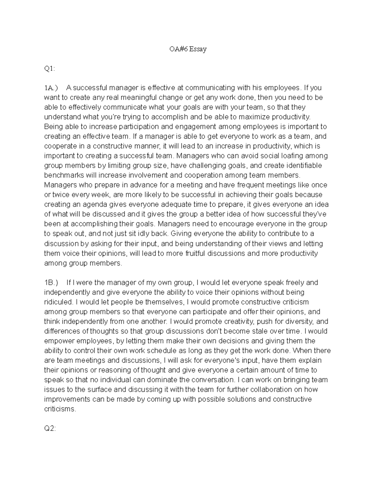 OA6 Essay MGT 360 - Online assignment #6. MGT 360. - OA#6 Essay Q1: 1A ...