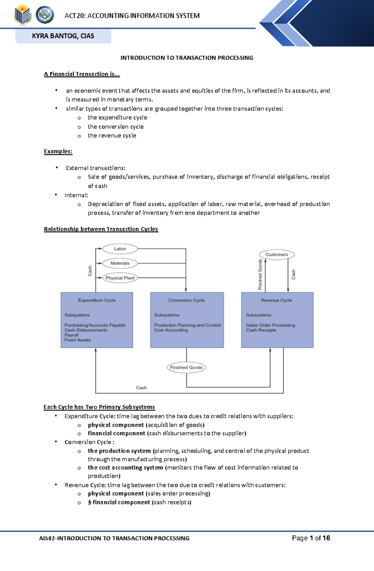 ACT20 AIS02 Handout - ACCOUNTING INFORMATION SYSTEM - KYRA BANTOG, CIAS INTRODUCTION TO ...
