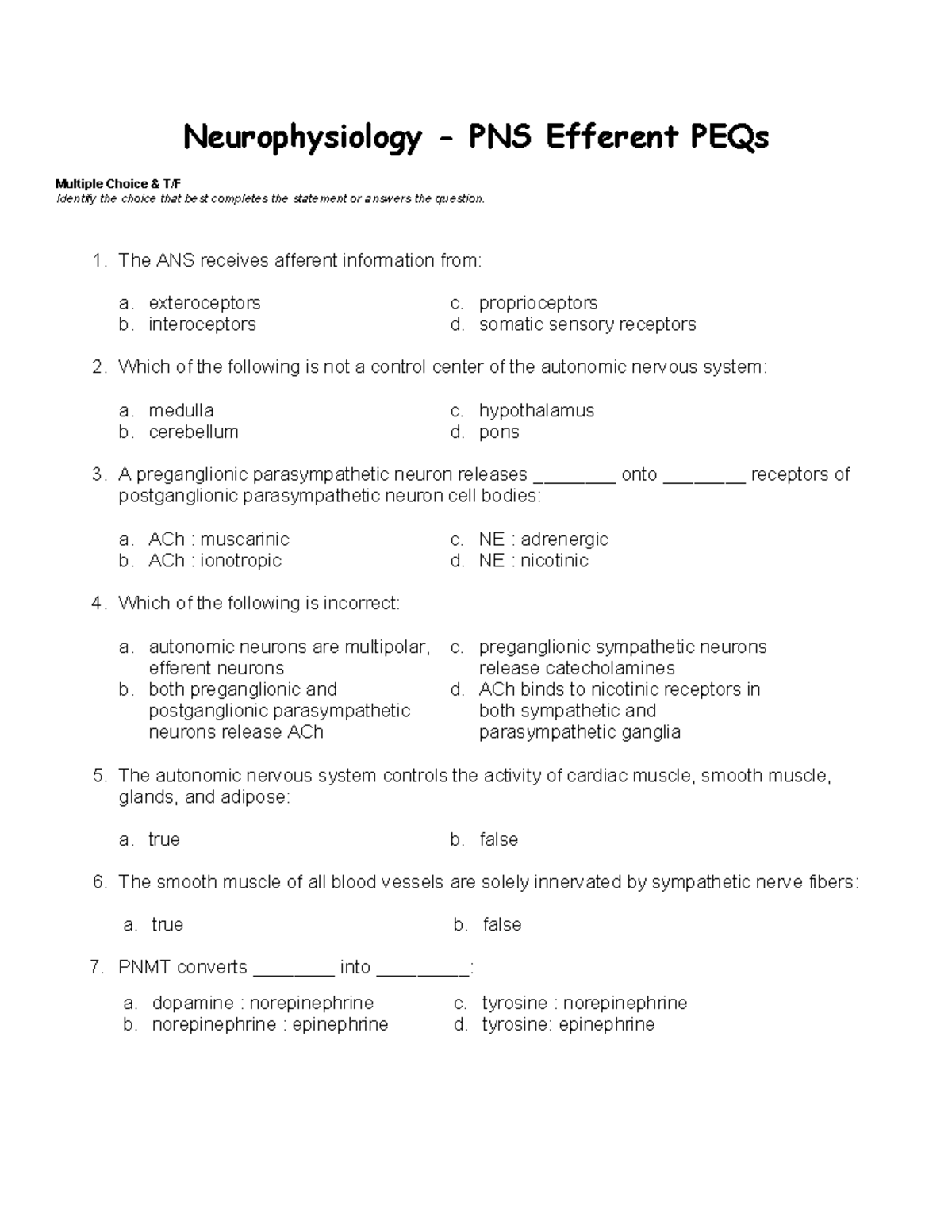 Neurophysiology - PNS Efferent PEQs - Neurophysiology - PNS Efferent ...