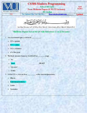 CS508 Solved MCQs Final TERM BY Junaid - CS508-Modern Programming Language (Solved Macq’s ...