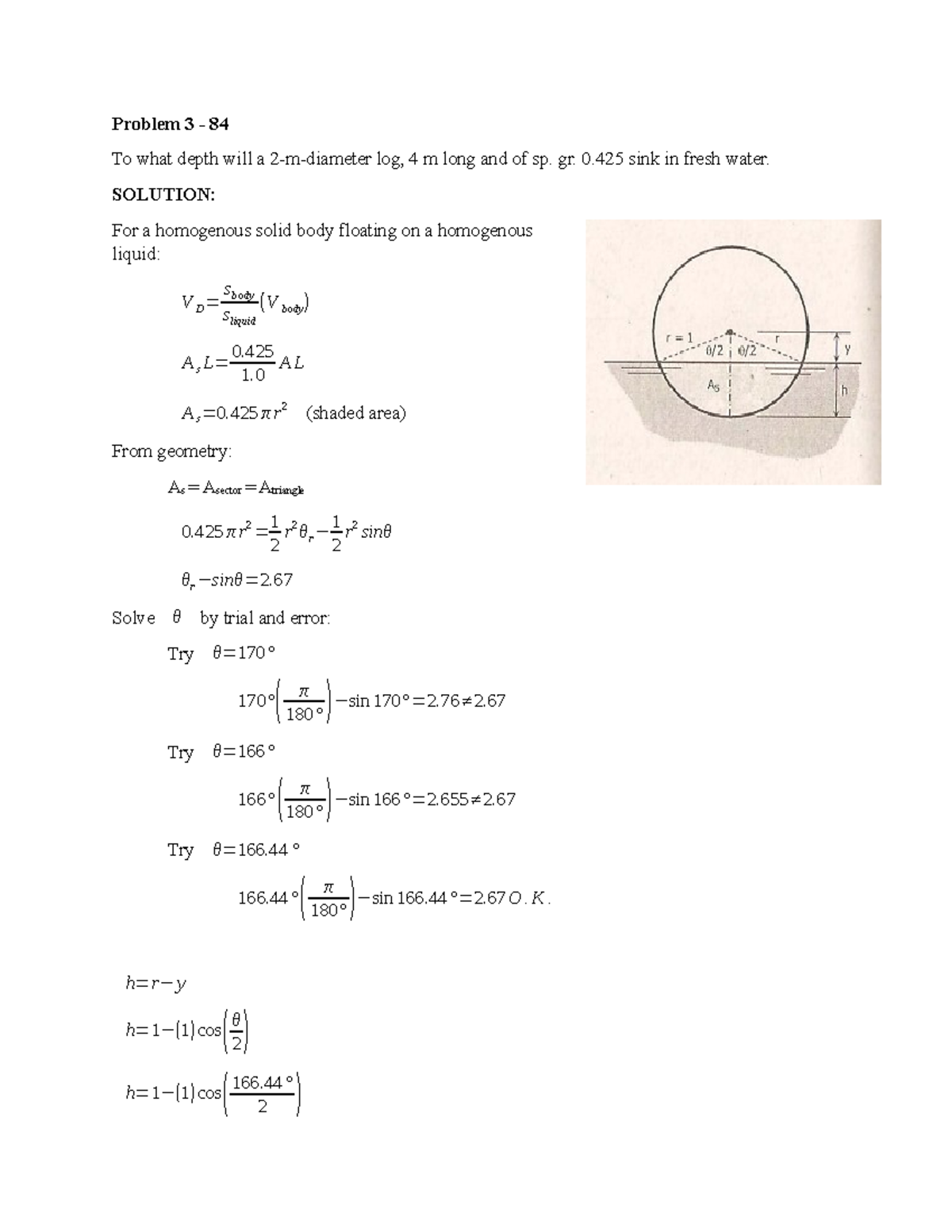 Problems 84-87 - Problem 3 - 84 To what depth will a 2-m-diameter log ...