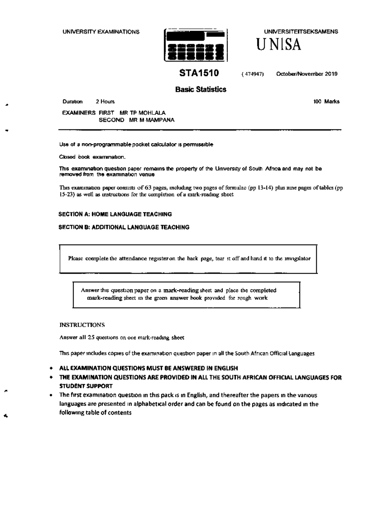 STA1510 2019 previous question paper - Dip MM 98202 - Studocu