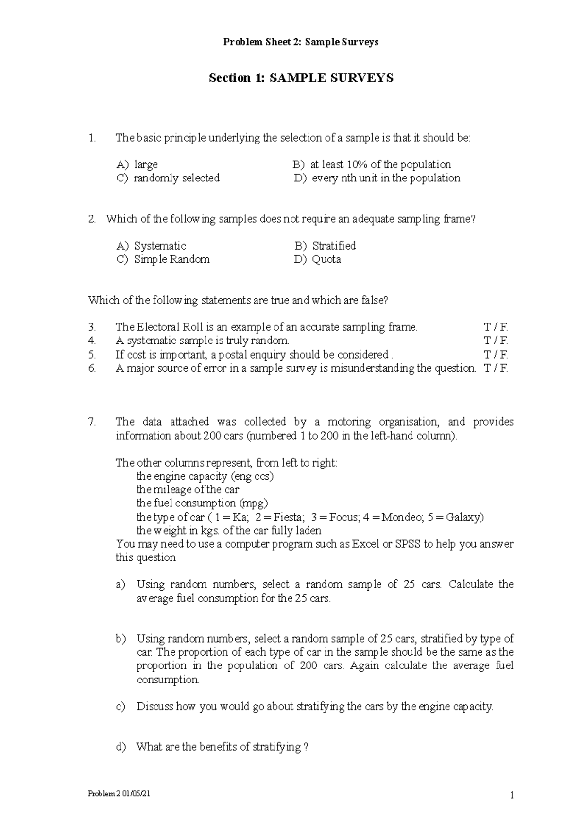 2 Further Problems On Sample Surveys - Section 1: SAMPLE SURVEYS 1. The ...