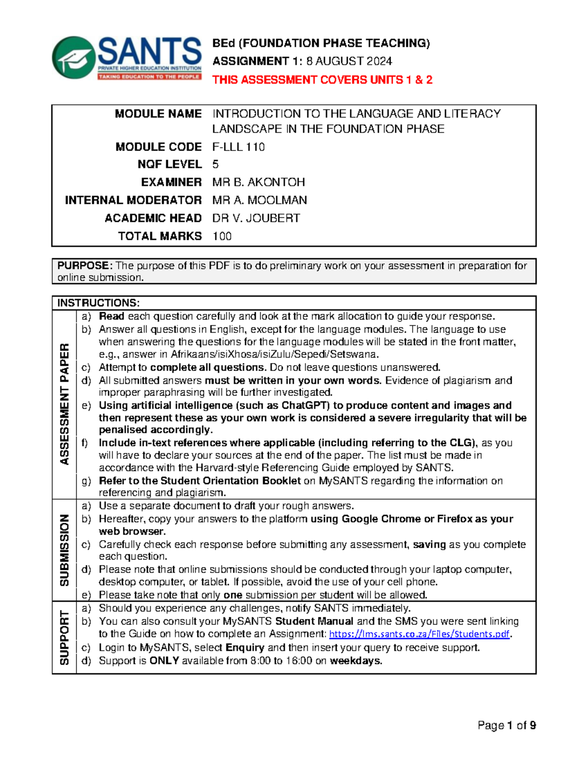 F-LLL 110 - N/A - BEd (FOUNDATION PHASE TEACHING) ASSIGNMENT 1: 8 ...