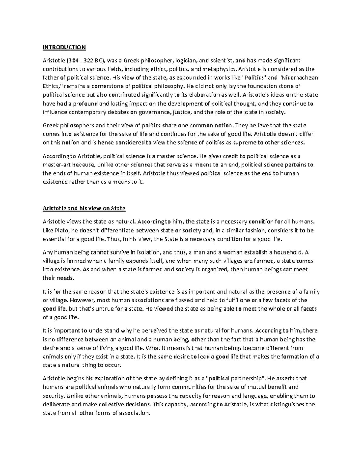 Aristotle`s view on state - INTRODUCTION Aristotle (384 - 322 BC), was ...